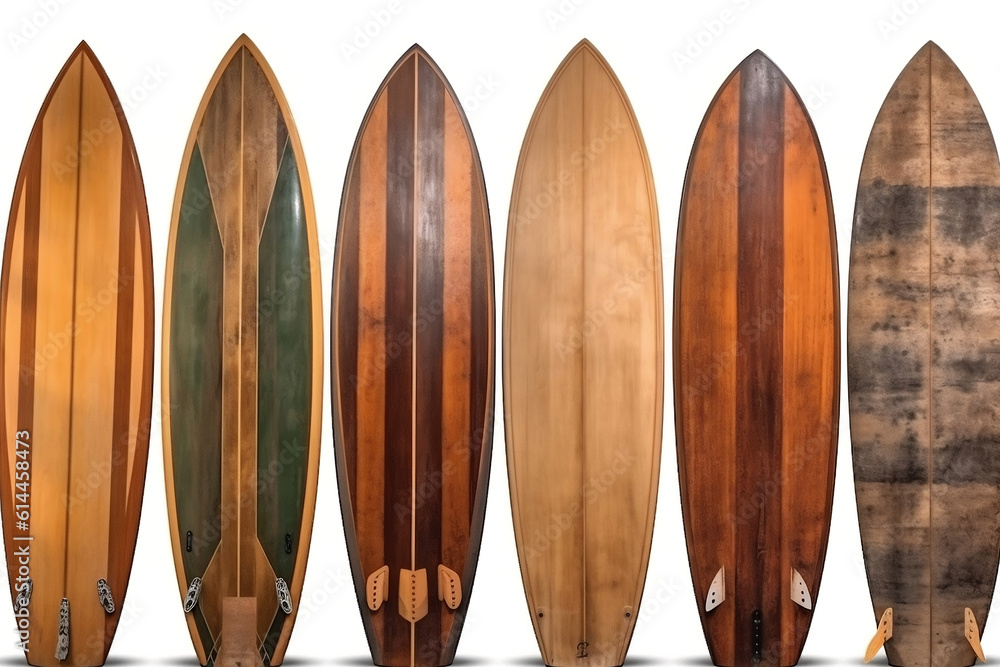 Collection of vintage wooden fishboard surfboard isolated on white with ...