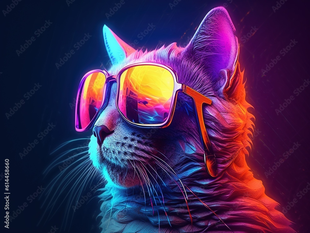 Stylish cat in trendy glasses in futuristic style and neon colors ...