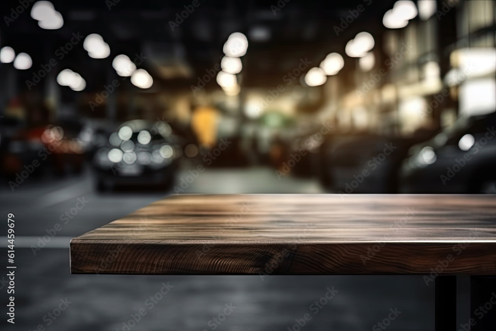 Empty wooden table and blurred background of car showroom with bokeh ...