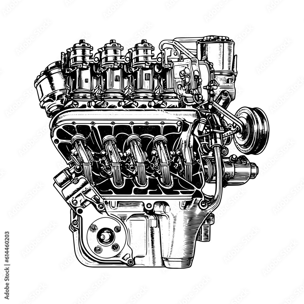 engine vector drawing. Isolated hand drawn object, engraved style ...