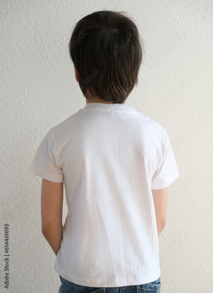 back of boy, child 10 years old, empty mockup, blank on white t-shirt ...