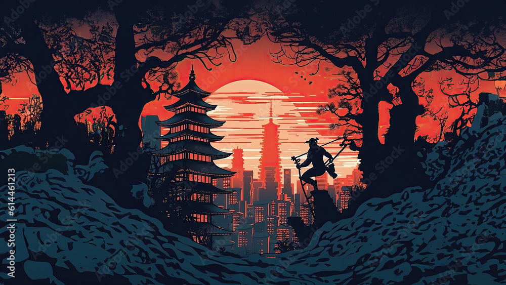 The Ninja at Tokyo Tower nighttime, Wallpaper 4K, Generative AI Stock ...