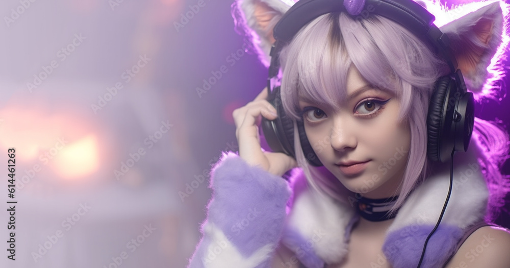 Female streamer dressed as Japanese Anime.Happy gamer, teenager girl ...