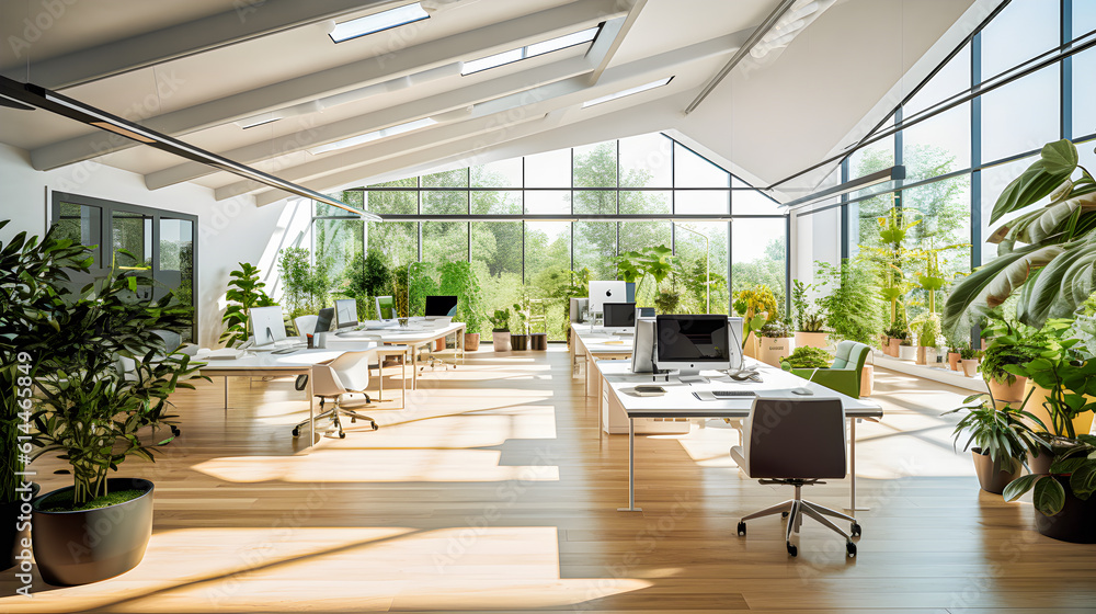 Green, sustainable and eco-friendly office or workspace interior with ...