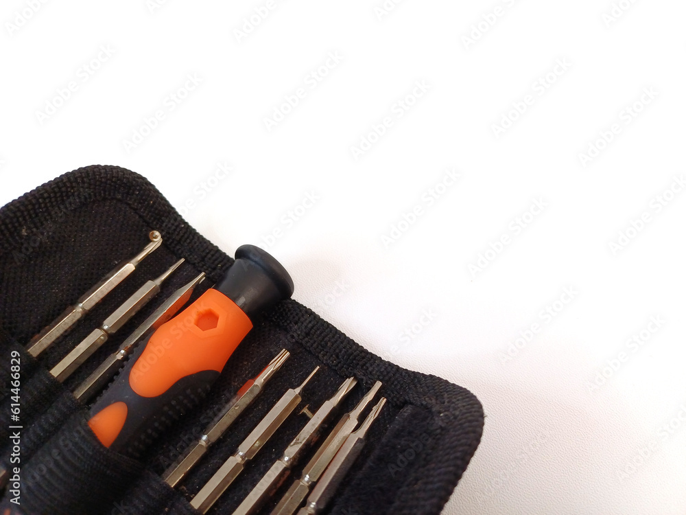 Screwdriver set with various head types on a fabric pouch ...