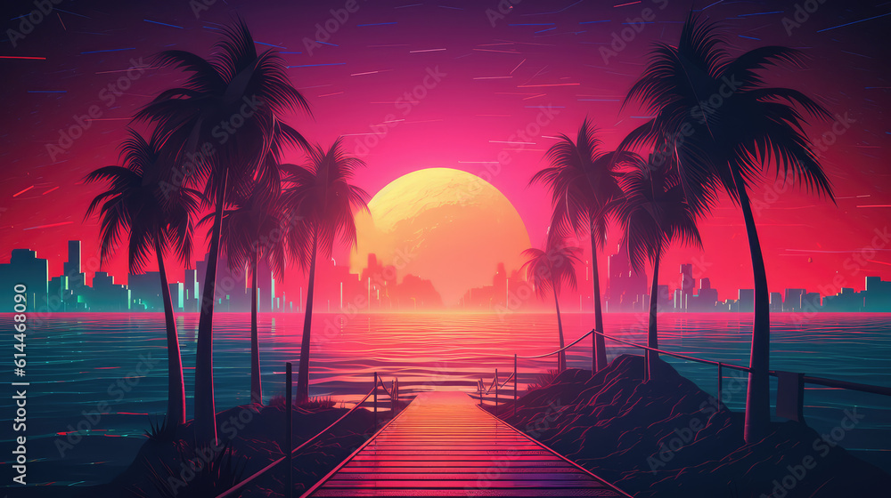 futuristic sunset landscape with palm trees, mountains in retro wave ...