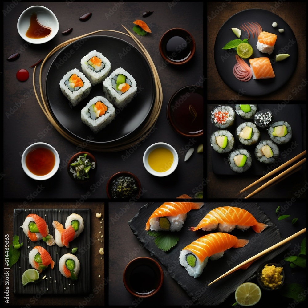 set of photos for the menu Bright images of fresh sushi rolls ai ...