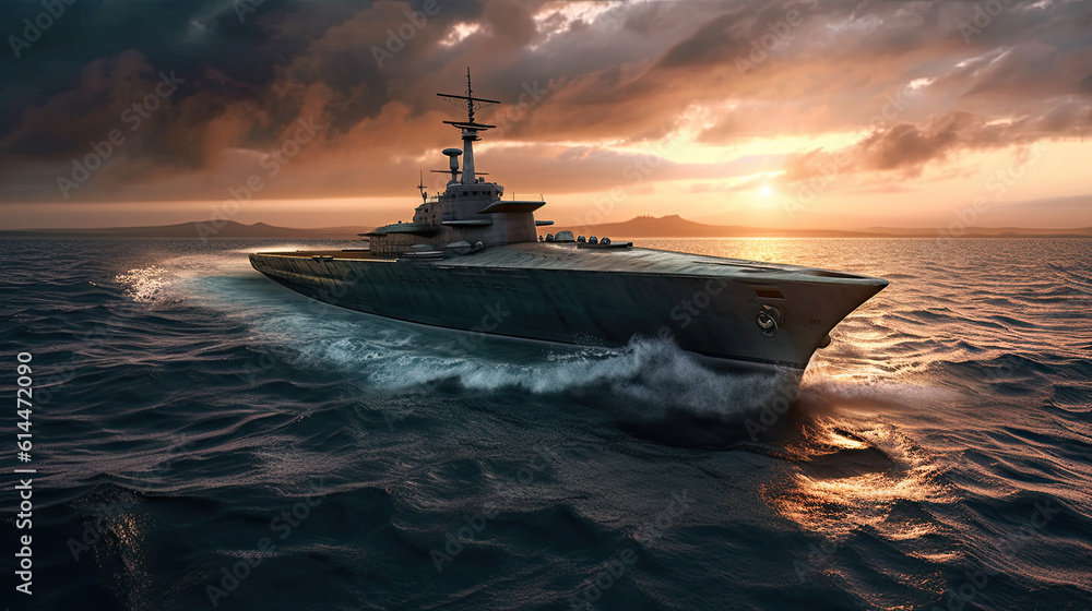 Modern stealth warship on the high seas, Stealth technology. Ship with ...