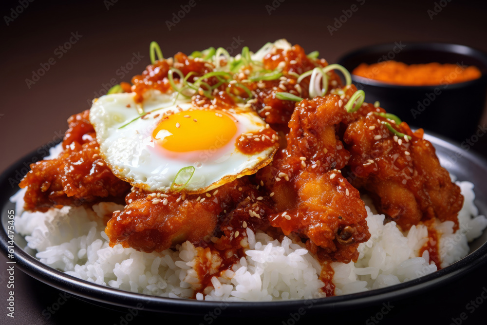 Korean fried chicken over rice topped with egg, sesame seeds and green ...