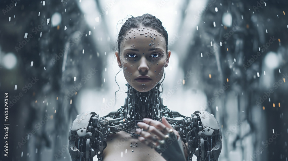 a robot or a woman half a robot with mechanical technological body ...