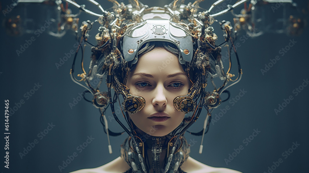 a robot or a woman half a robot with mechanical technological body ...