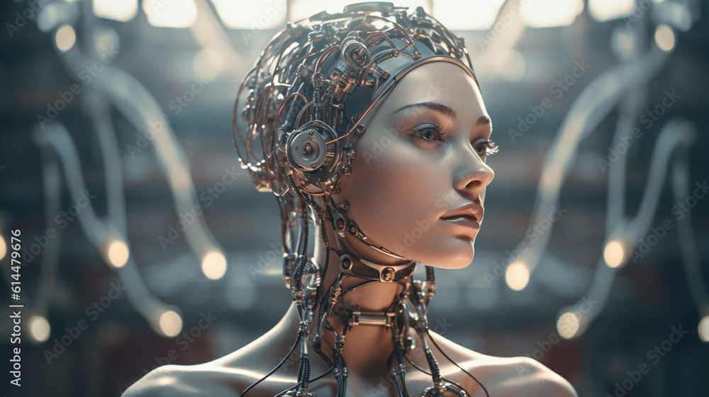 a robot or a woman half a robot with mechanical technological body ...