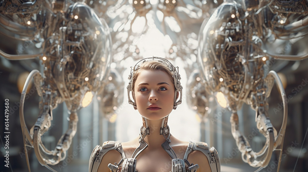 a robot or a woman half a robot with mechanical technological body ...