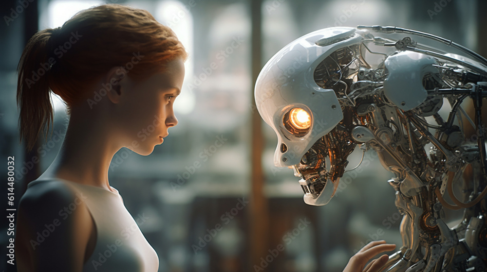 a robot or a woman half a robot with mechanical technological body ...