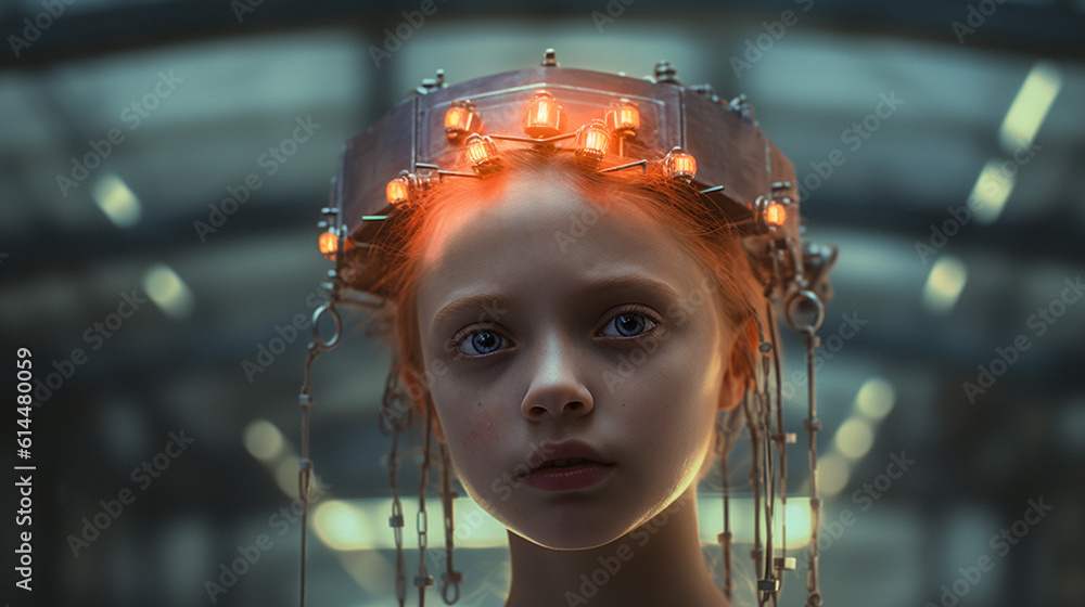 teen girl, a robot or a woman half a robot with mechanical ...