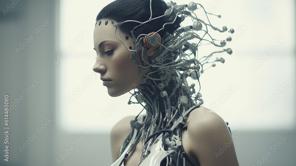 a robot or a woman half a robot with mechanical technological body ...