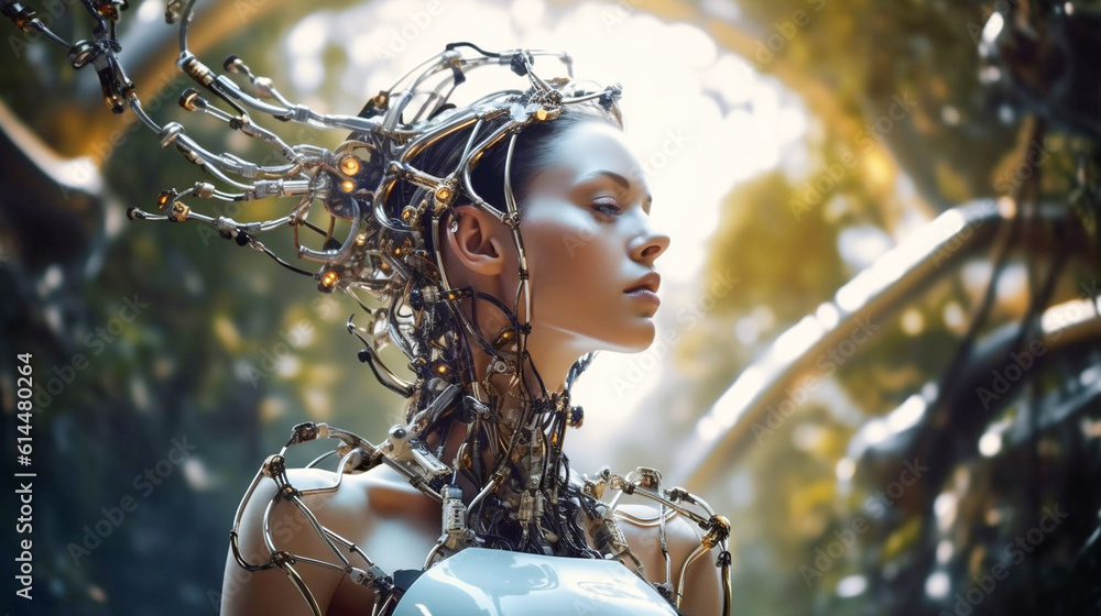 a robot or a woman half a robot with mechanical technological body ...
