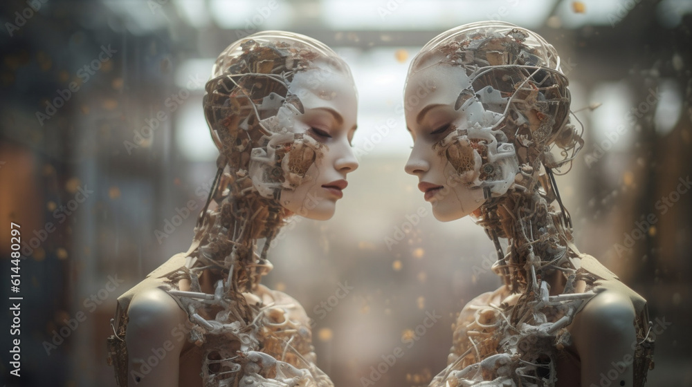 clones or mass production, a robot or a woman half a robot with ...