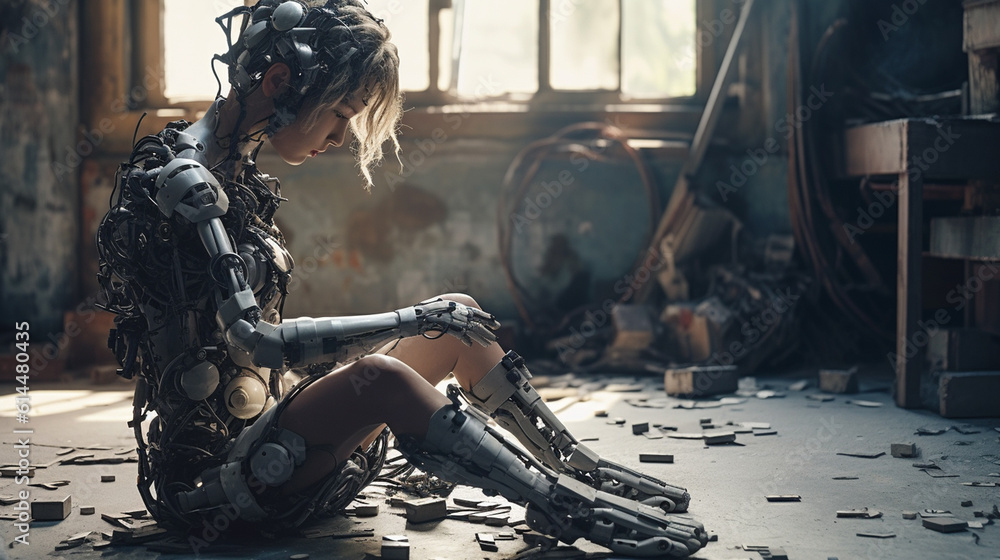 dystopian, a robot or a woman half a robot with mechanical ...