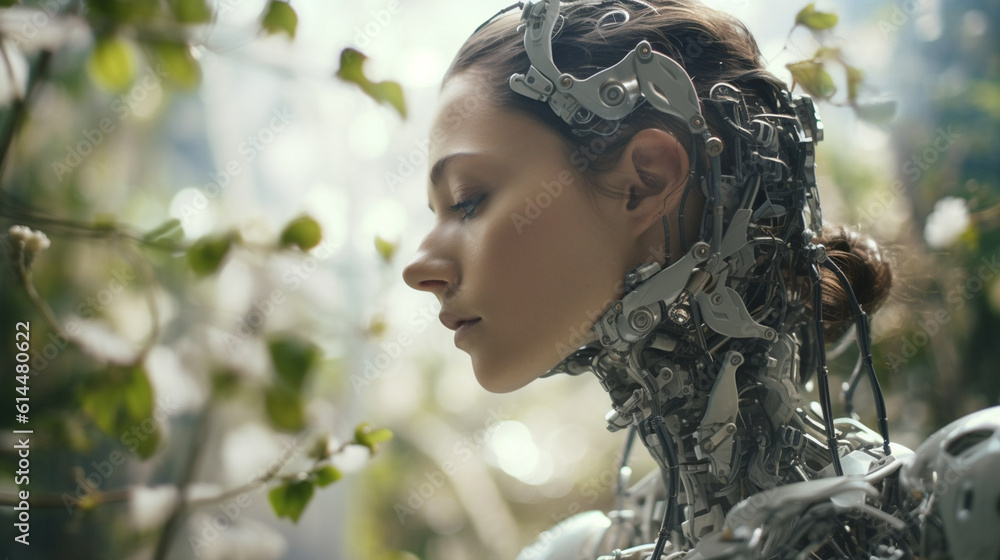 a robot or a woman half a robot with mechanical technological body ...