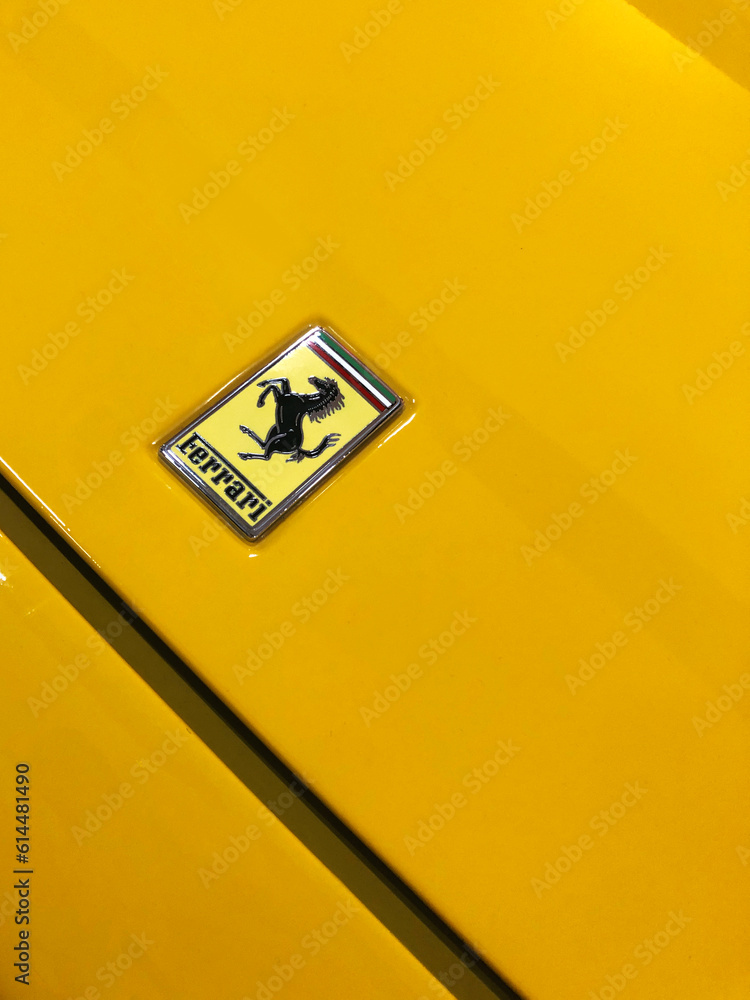 Izmir, Turkey - June 18, 2023: Close-up view of a 1990 Ferrari car logo ...