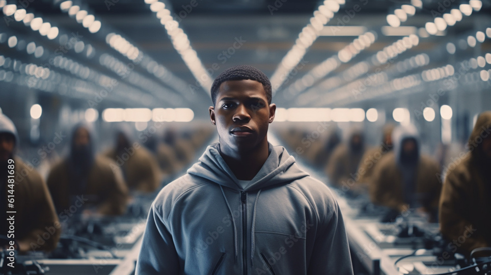 a robot or a man half a robot with mechanical technological body parts ...