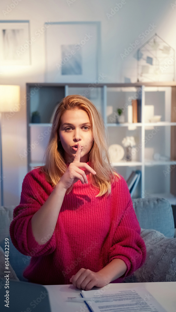 Keep quiet. Silent woman. Hand gesture. Conspirator lady holding shush ...