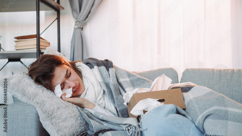 Home fever. Sick woman. Unhealthy girl wrapped plaid laying sofa with ...