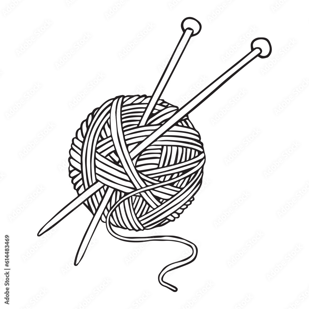 vector drawing in doodle style. a ball of wool and knitting needles ...