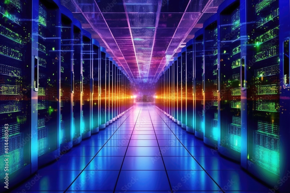 A close - up photo of a corridor in a busy data center. The image ...