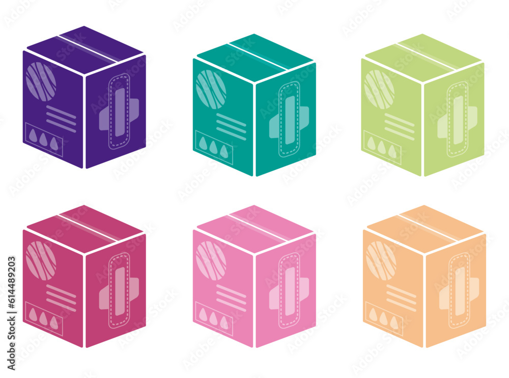 Menstrual pad packaging ping green peach purple isolated on white ...