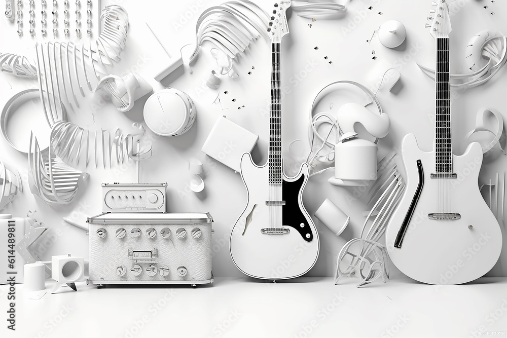 white background musical style theme abstract musical instruments 3d ...