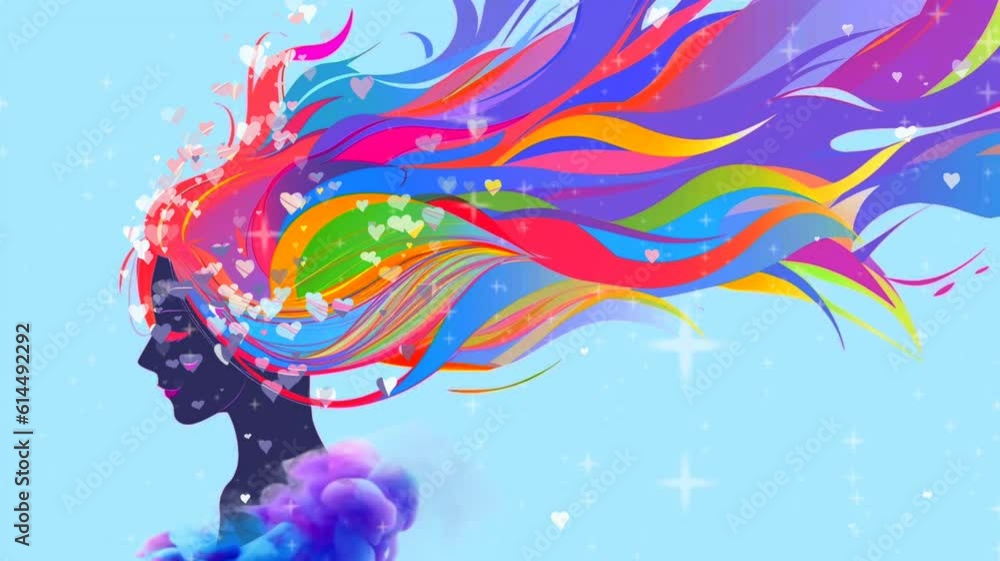 4k silhouette girl illustration animation with colorful waving hair and ...