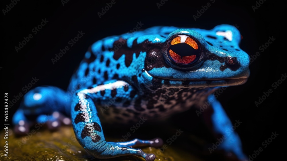 Vividly colored poison dart frog, its electric blue skin highlighted ...