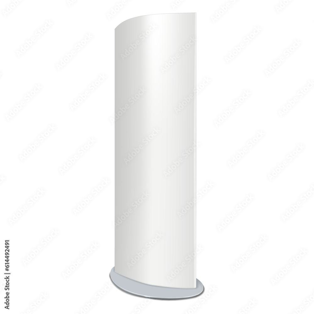 Curved trade show display stand vector mockup. Blank white standee ...