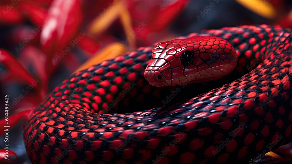 Vivid red coral snake, its contrasting patterns standing out against ...