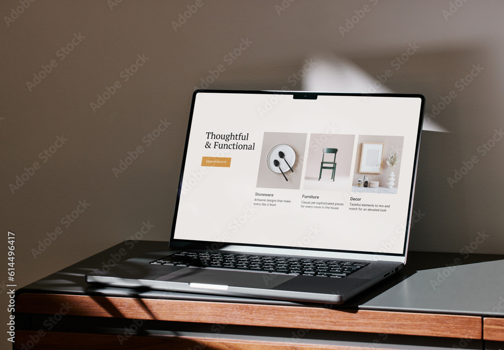 Mockup of open laptop with customizable screen Stock Template | Adobe Stock
