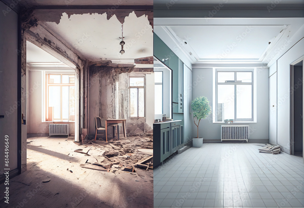 Apartment or room before and after renovation. Renovation concept. AI ...
