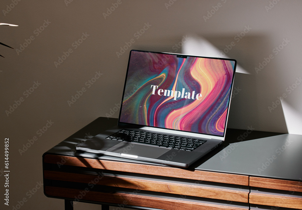 Mockup of open laptop with customizable screen Stock Template | Adobe Stock