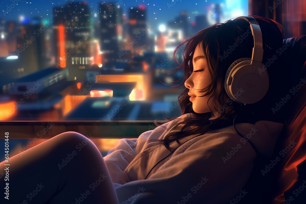 beautiful young girl relaxing to lo-fi music on headphone. neon-lit ...
