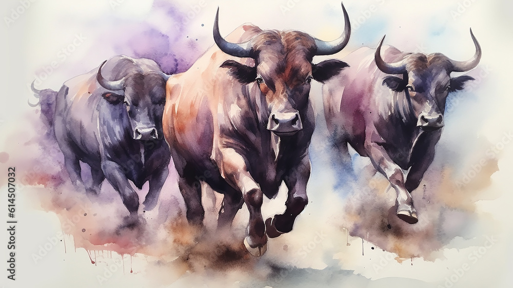 watercolor drawing of a group of bulls running on a white background ...