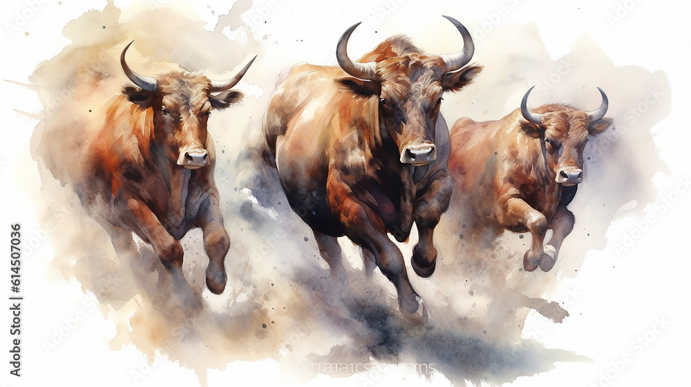 watercolor drawing of a group of bulls running on a white background ...