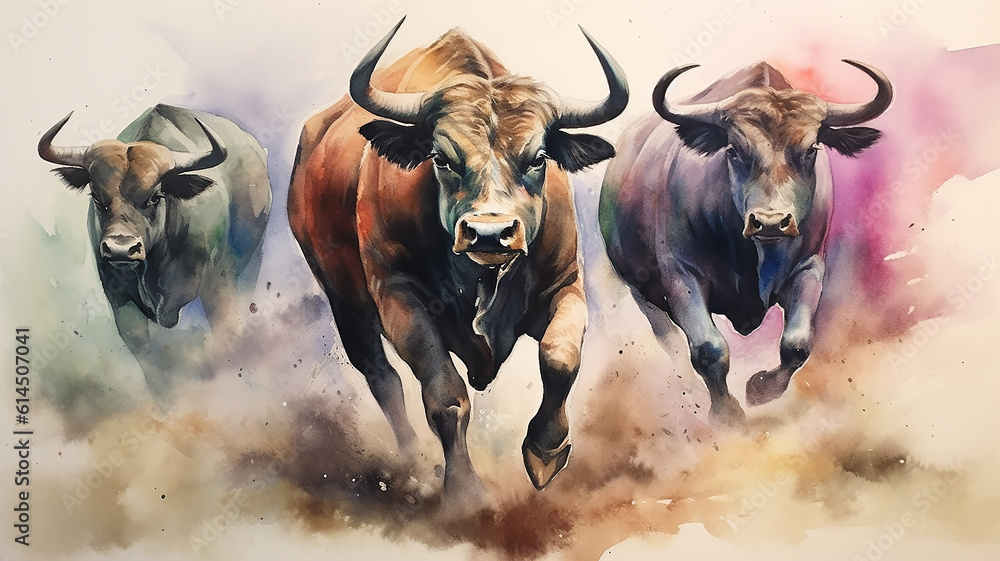 watercolor drawing of a group of bulls running on a white background ...