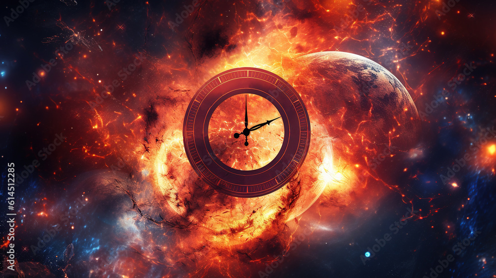 Fiery clock face in outer space among the planets. Time travel concept ...