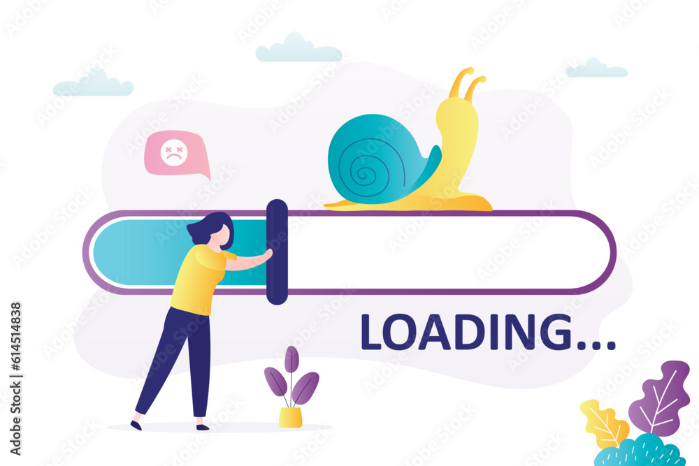 Slow internet speed, bad connection, loading process. Woman user ...