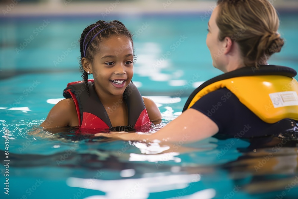 Candid capture of a young girl with an adult swimming instructor in a ...