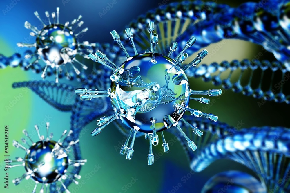 Virus close-up on DNA background, infectious molecule, contagious ...