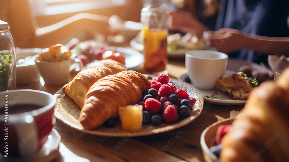 Breakfast food on the kitchen table. The family is eating breakfast ...