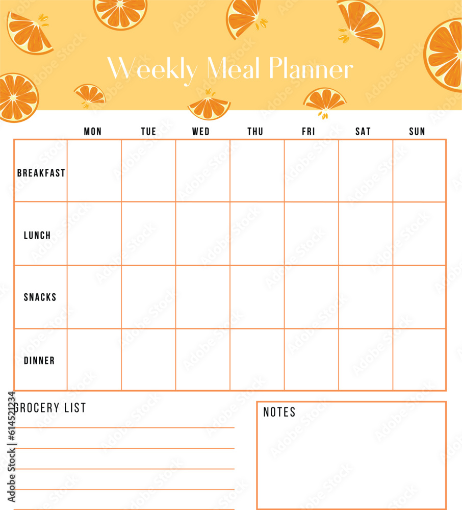 Weekly meal planner and shopping grocery list, breakfast, lunch, dinner ...
