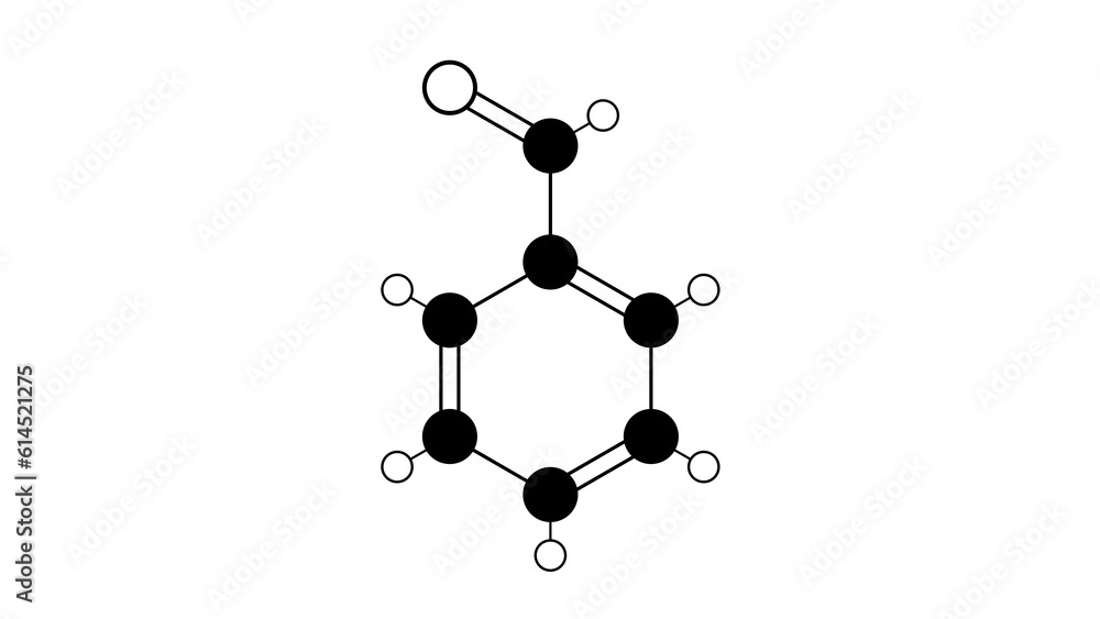 benzaldehyde molecule, structural chemical formula, ball-and-stick ...